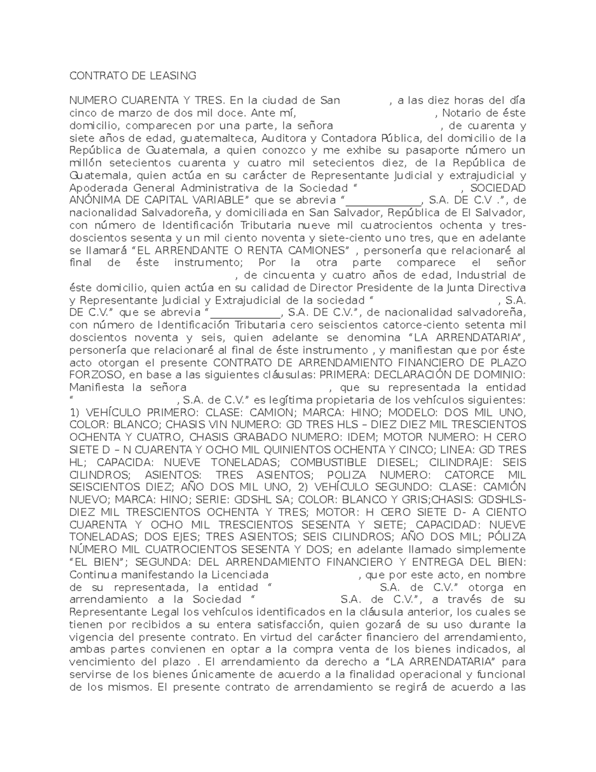 Contrato DE Leasing modelo - CONTRATO DE LEASING NUMERO CUARENTA Y TRES ...