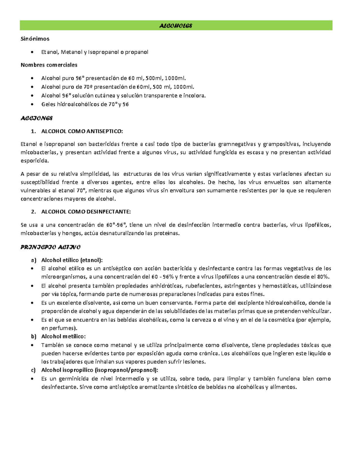 Alcoholes - ALCOHOLES SinÛnimos Etanol, Metanol y Isopropanol o ...