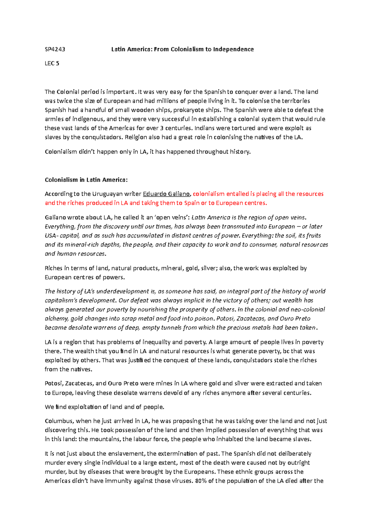 LEC 5 LA From colonialism to independence - SP4243 Latin America: From ...