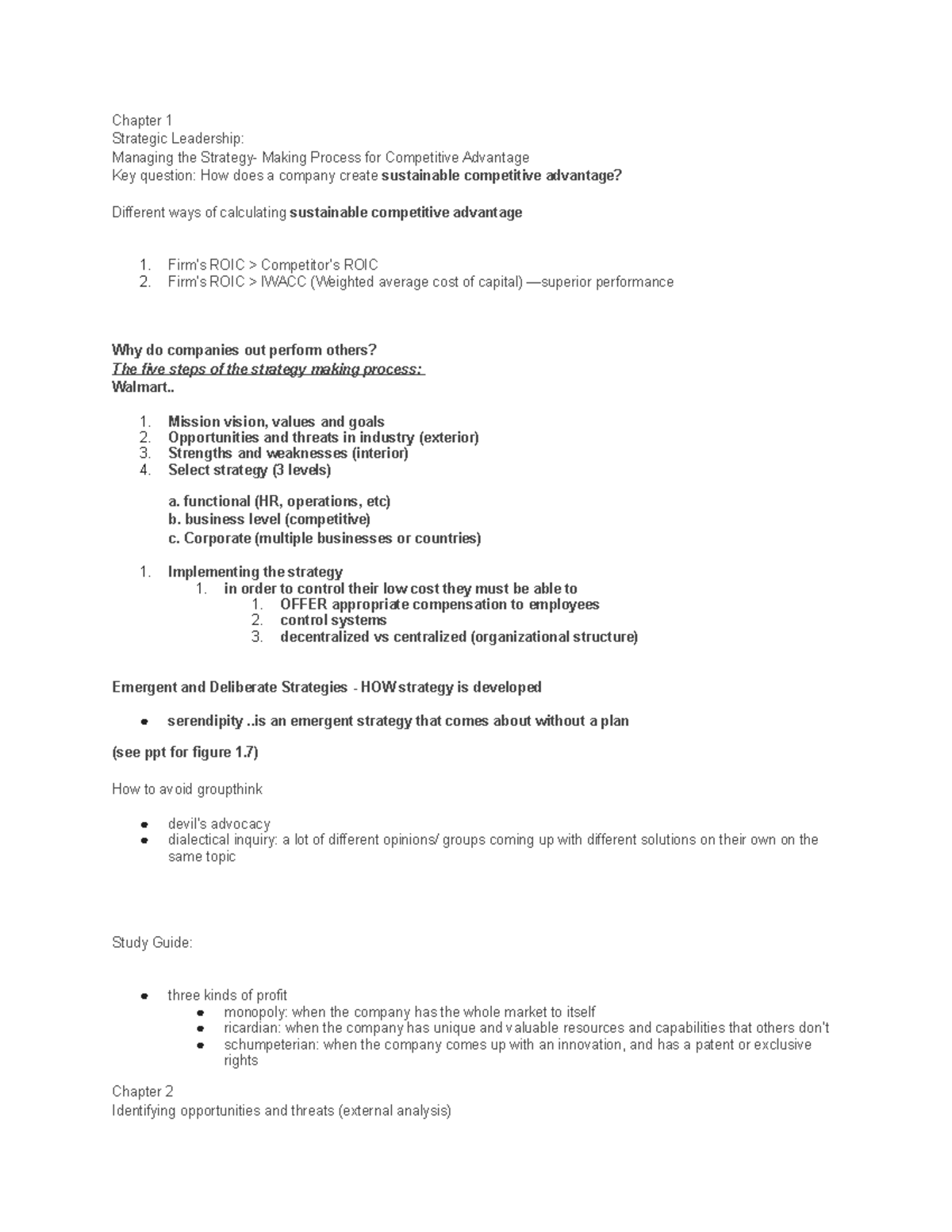 Business Policy Notes for Chapters 1- 13 - Chapter 1 Strategic ...