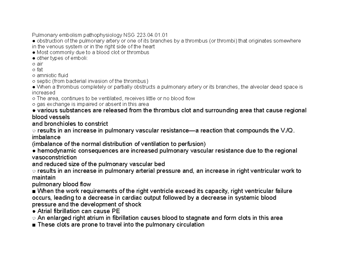 Pulmonary embolism pathophysiology NSG 223 - 04. obstruction of the ...