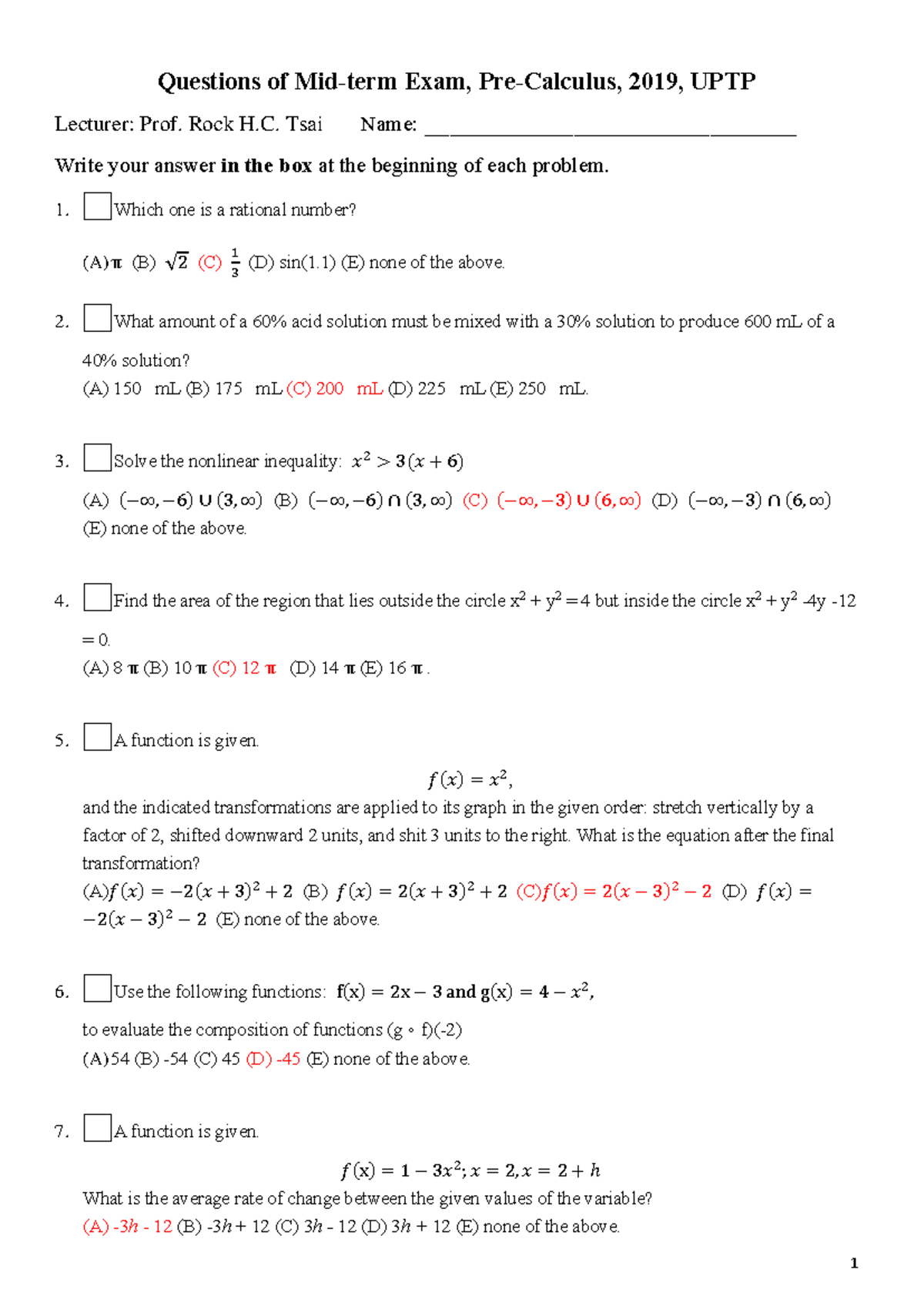2019 1019 Midterm Evaluation - Questions of Mid-term Exam, Pre-Calculus ...