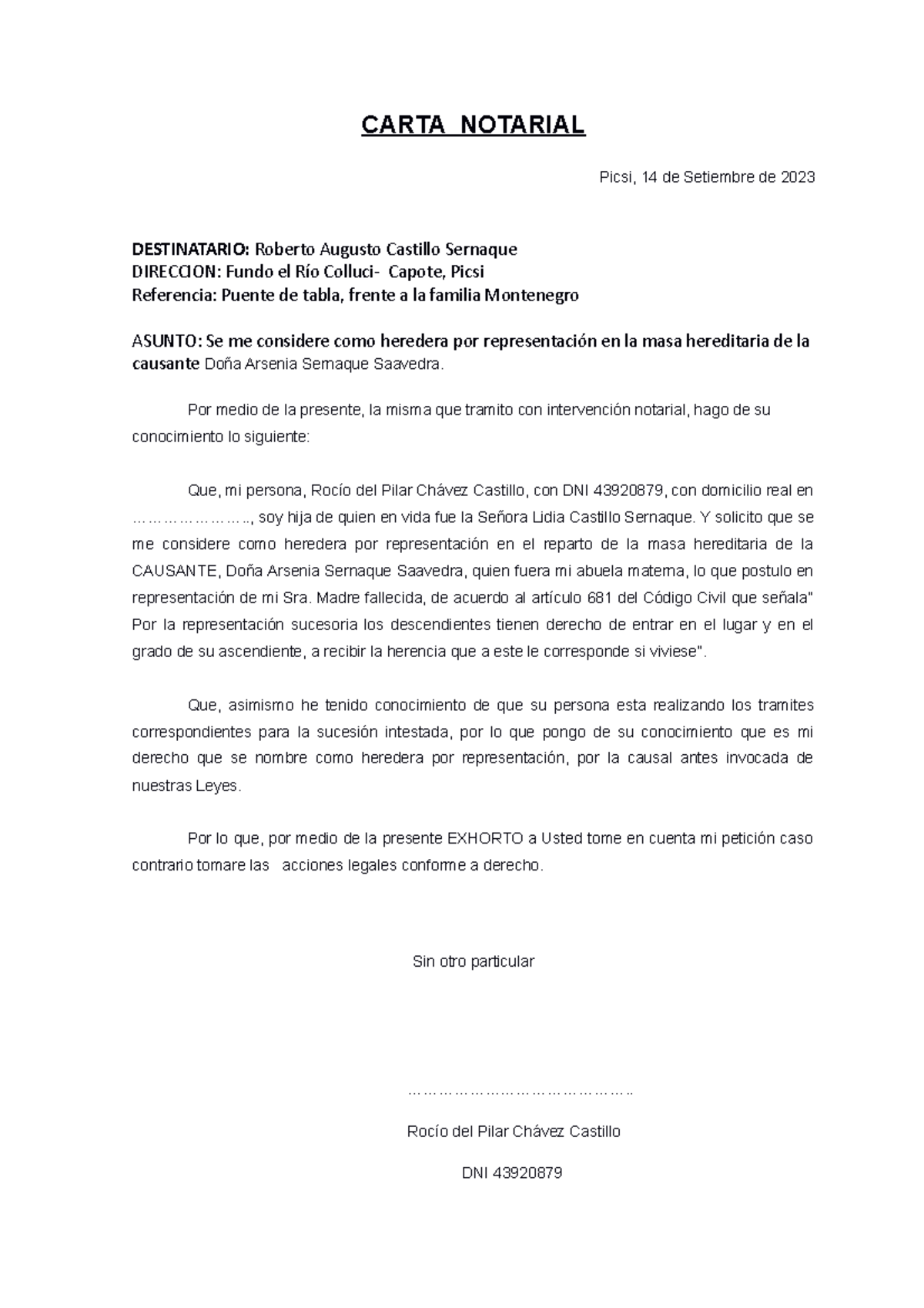 Carta Notarial POR Representacion - CARTA NOTARIAL Picsi, 14 de ...