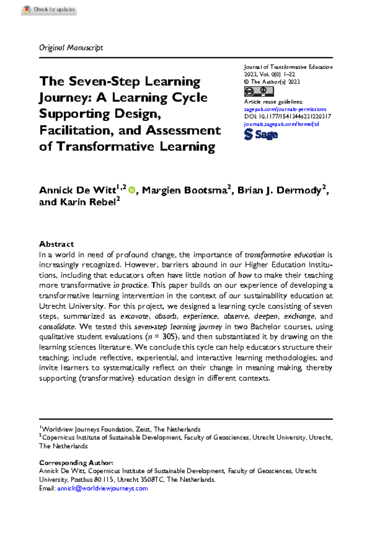 De witt et al 2023 the seven step learning journey a learning cycle ...