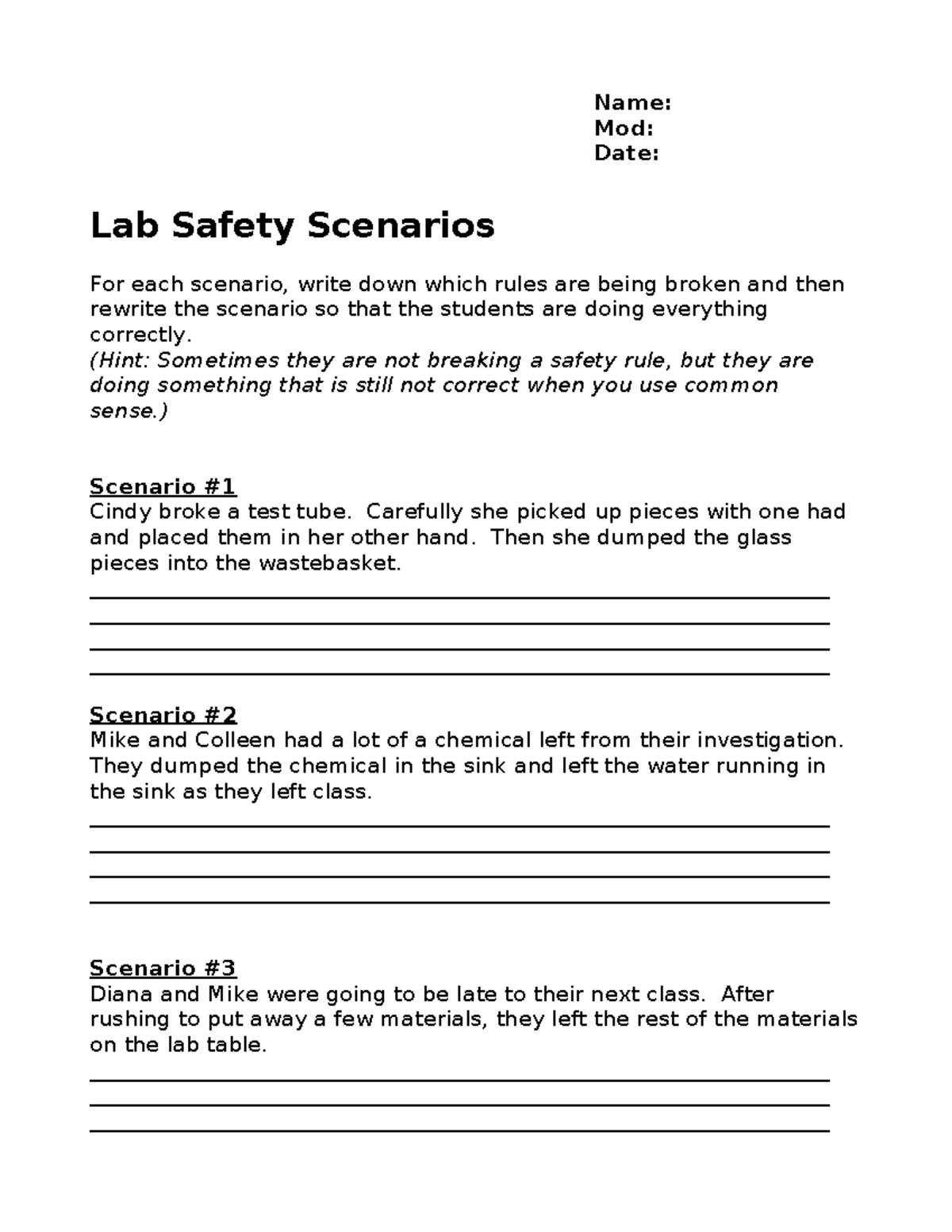Safety Scenarios WS - Name: Mod: Date: Lab Safety Scenarios For each ...