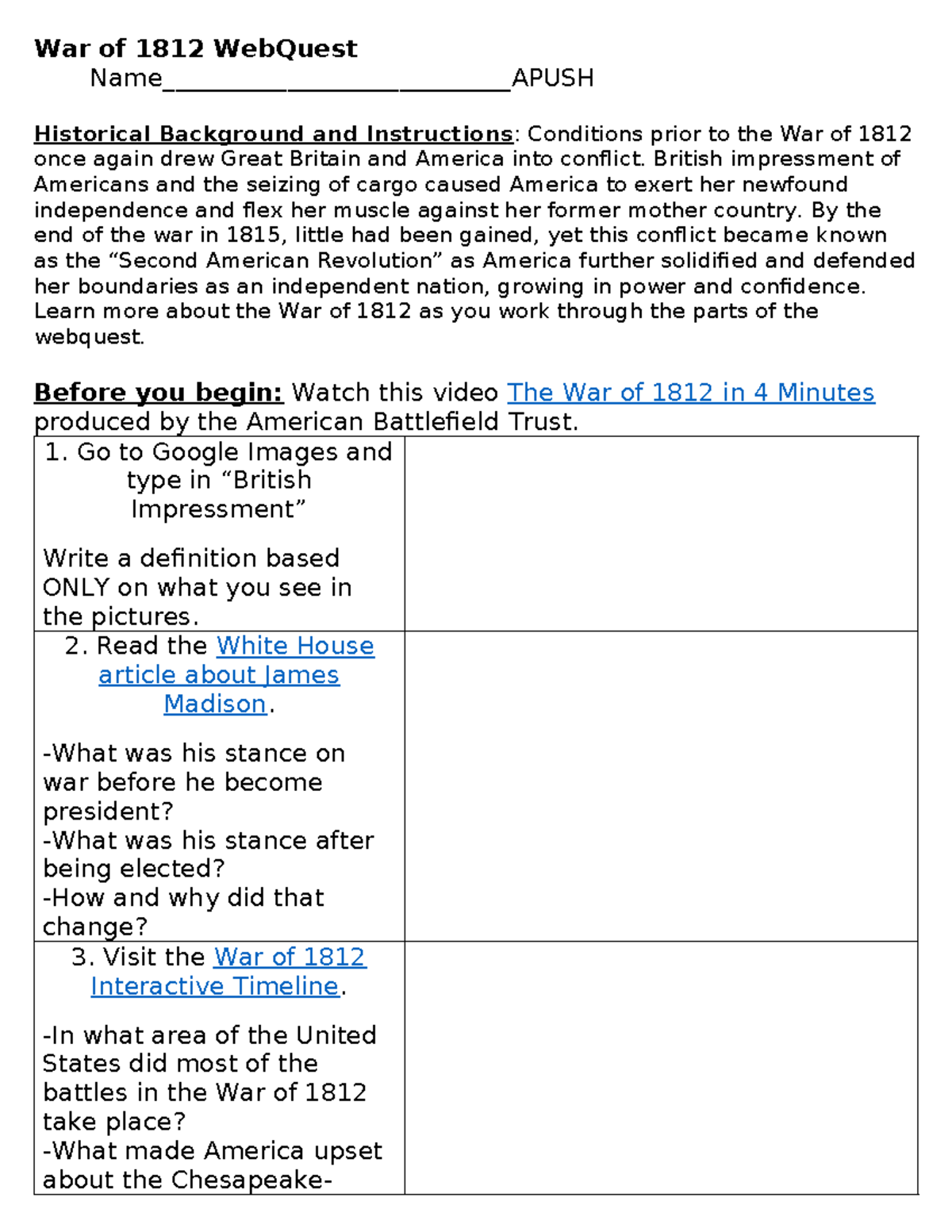 War of 1812 Webquest Apush updated Oct 2024 - Studocu