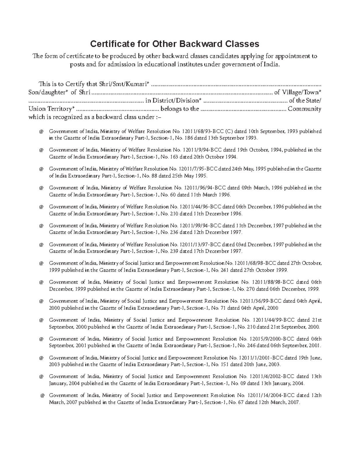 Certificate for OBC - Certificate for Other Backward Classes The form ...