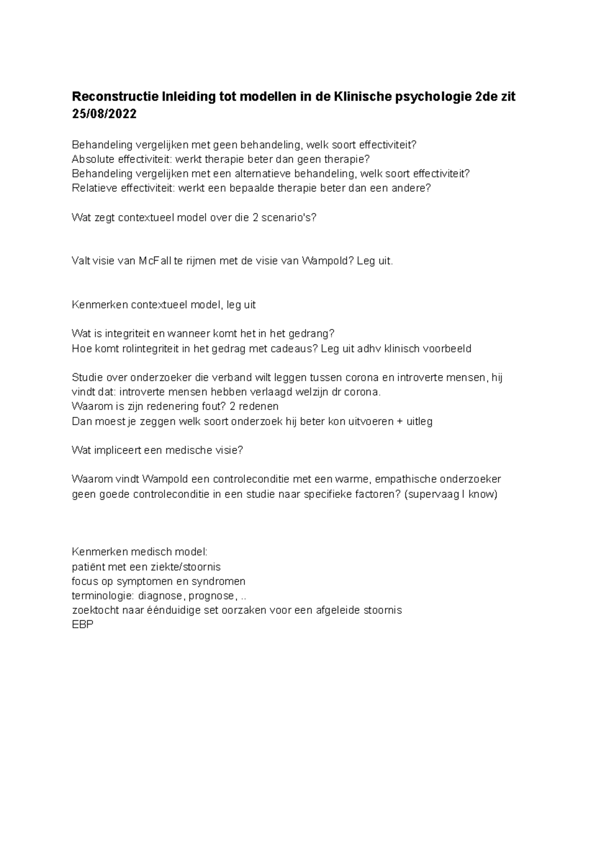 Reconstructie Inleiding tot modellen in de Klinische psychologie 2de ...