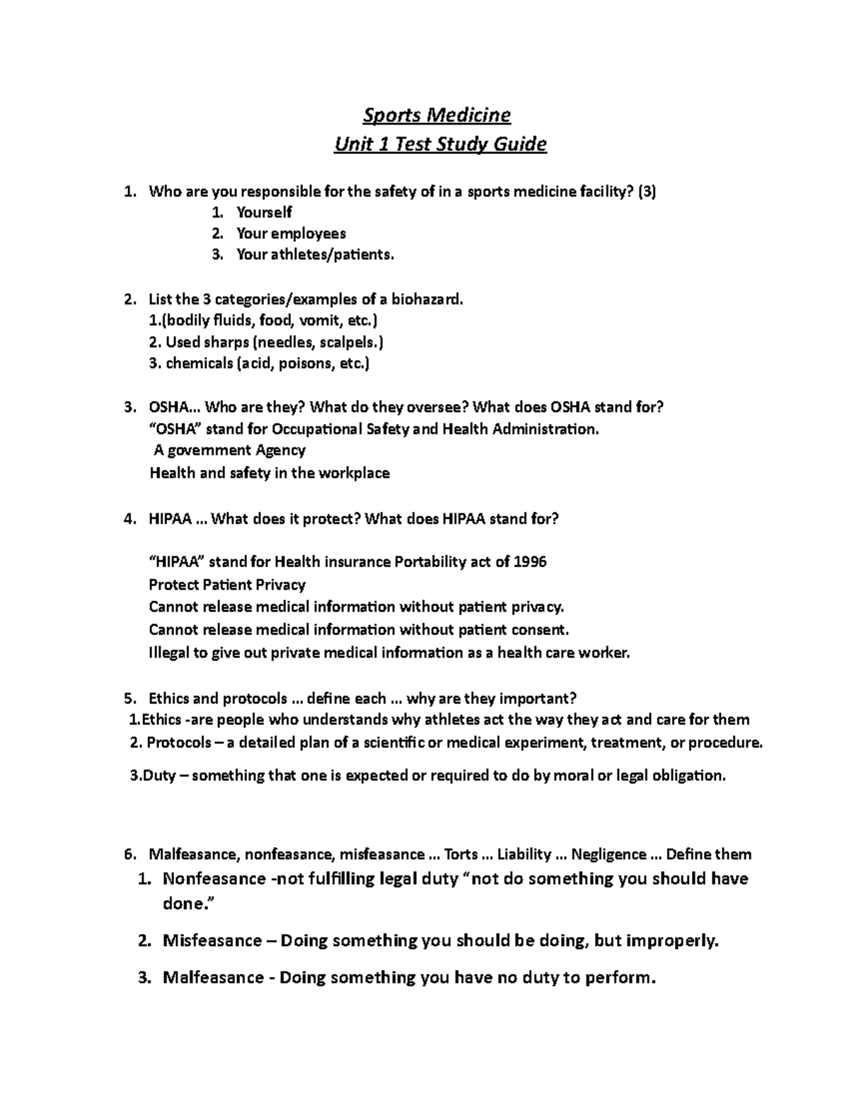 Unit 1 Study Guide 2020 Tony N - Sports Medicine Unit 1 Test Study ...