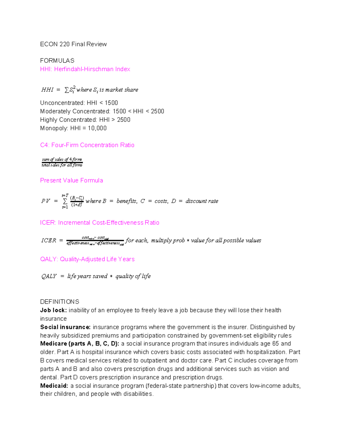 Health final review - ECON 220 Final Review FORMULAS HHI: Herfindahl ...