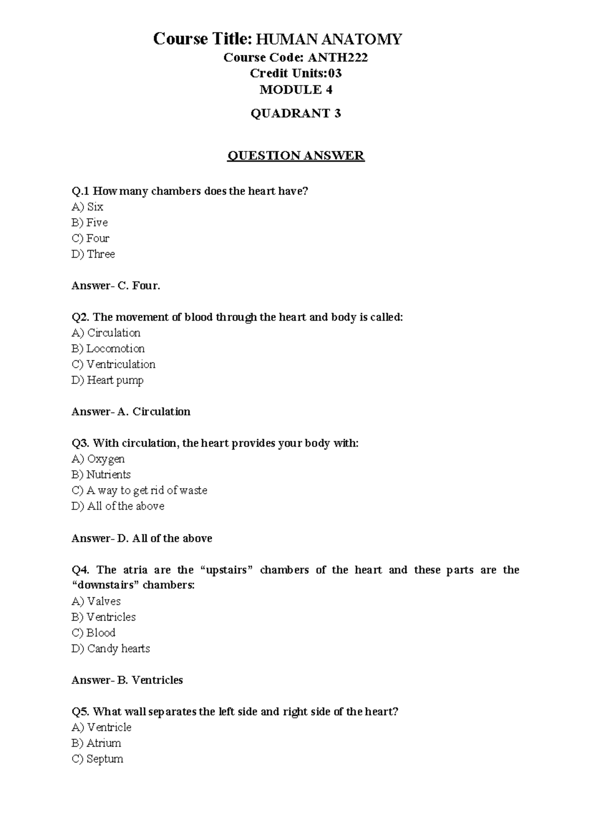 Quadrant 3 human anatomy heart - Course Title: HUMAN ANATOMY Course ...
