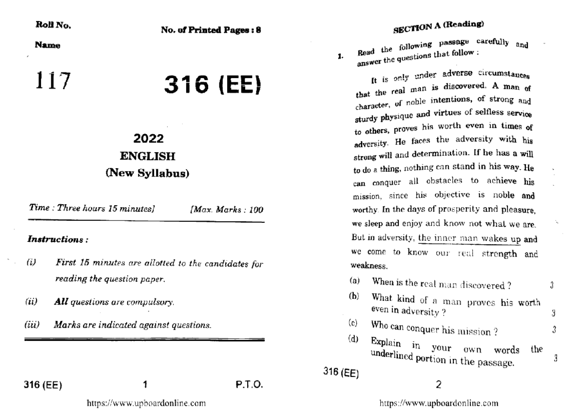 Up board class 12 english 316 ee 2022 - Bachelor of science - Studocu