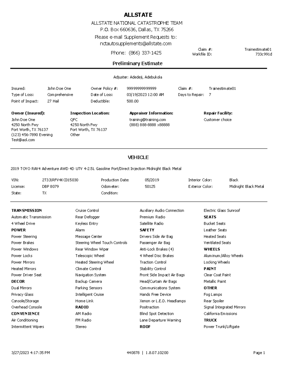 Est01 - ALLSTATE ALLSTATE NATIONAL CATASTROPHE TEAM P. Box 660636 ...