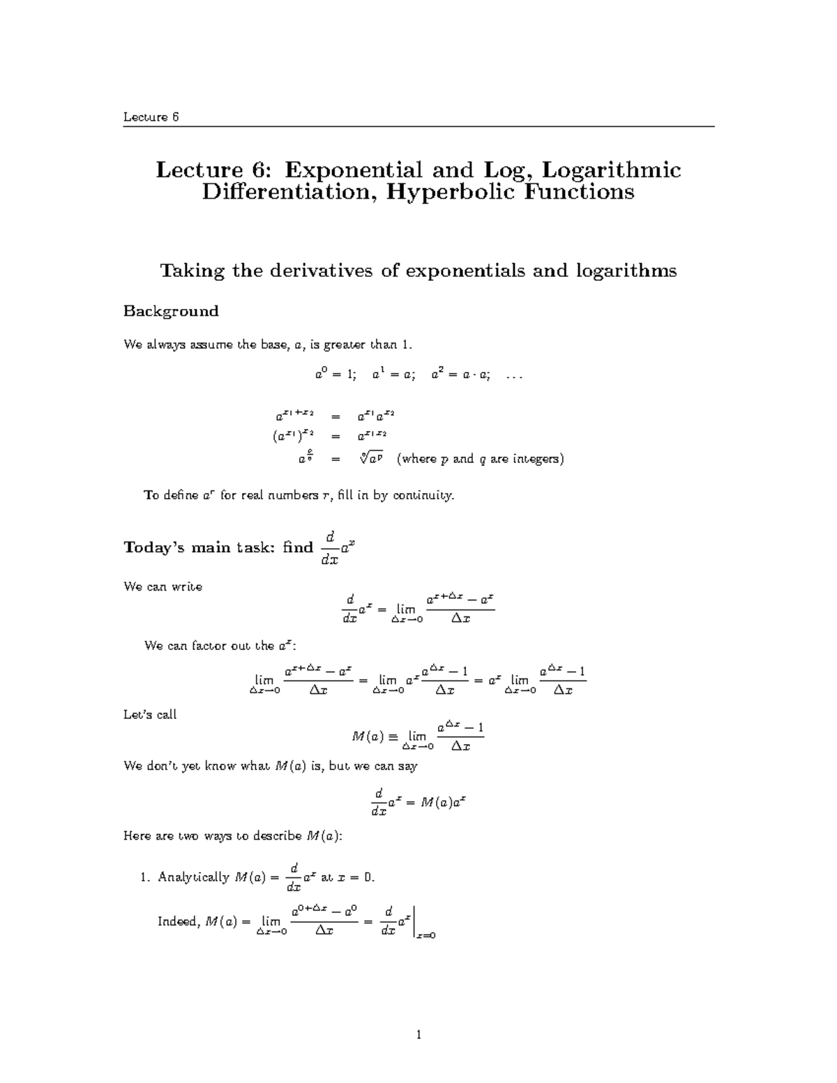 Lecture 6: Exponential and Log, Logarithmic Differentiation, Hyperbolic Functions - Lecture 6 18 ...