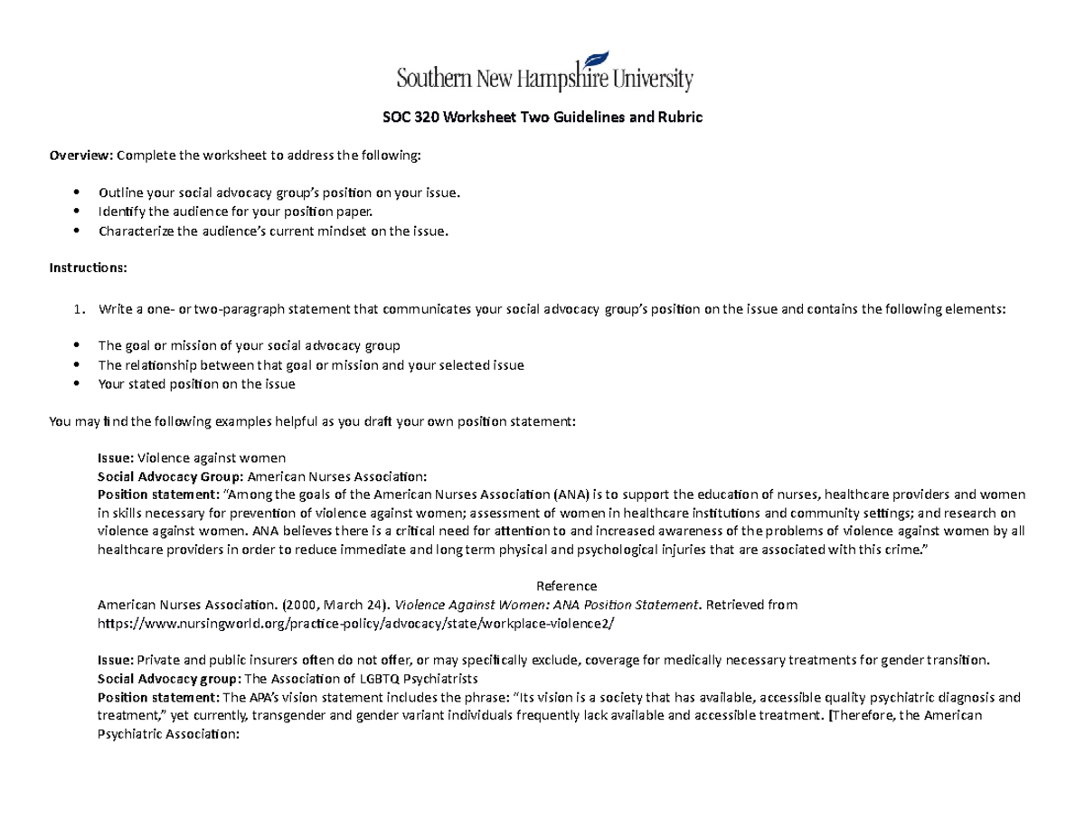 SOC 320 4-1 Worksheet Two Taking a Stand - SOC 320 Worksheet Two ...