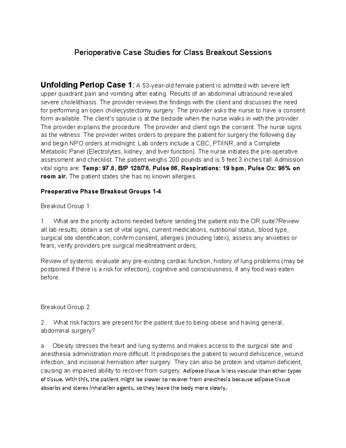Periop Case Studies - Perioperative Case Studies for Class Breakout ...