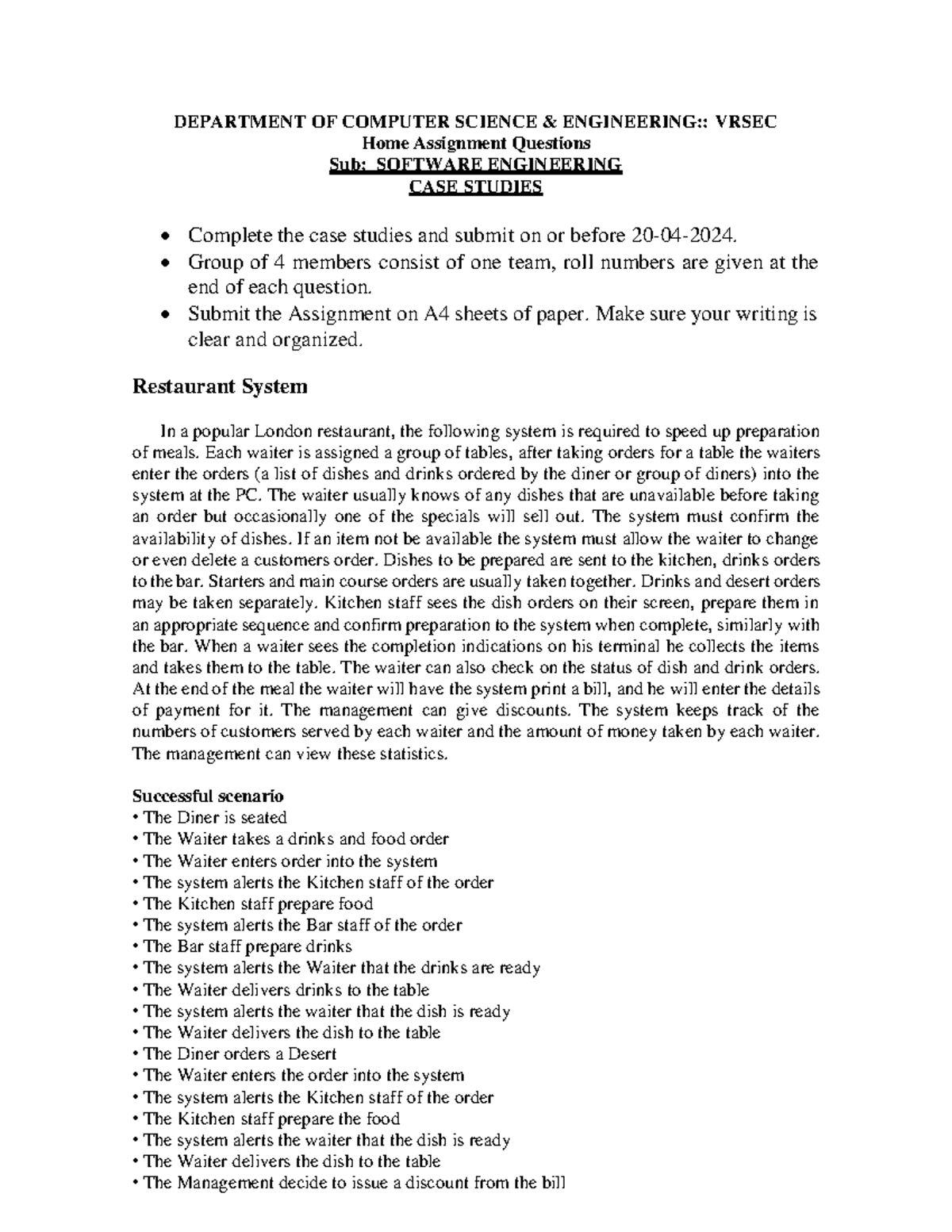 SE Home Assignment Questions - DEPARTMENT OF COMPUTER SCIENCE ...