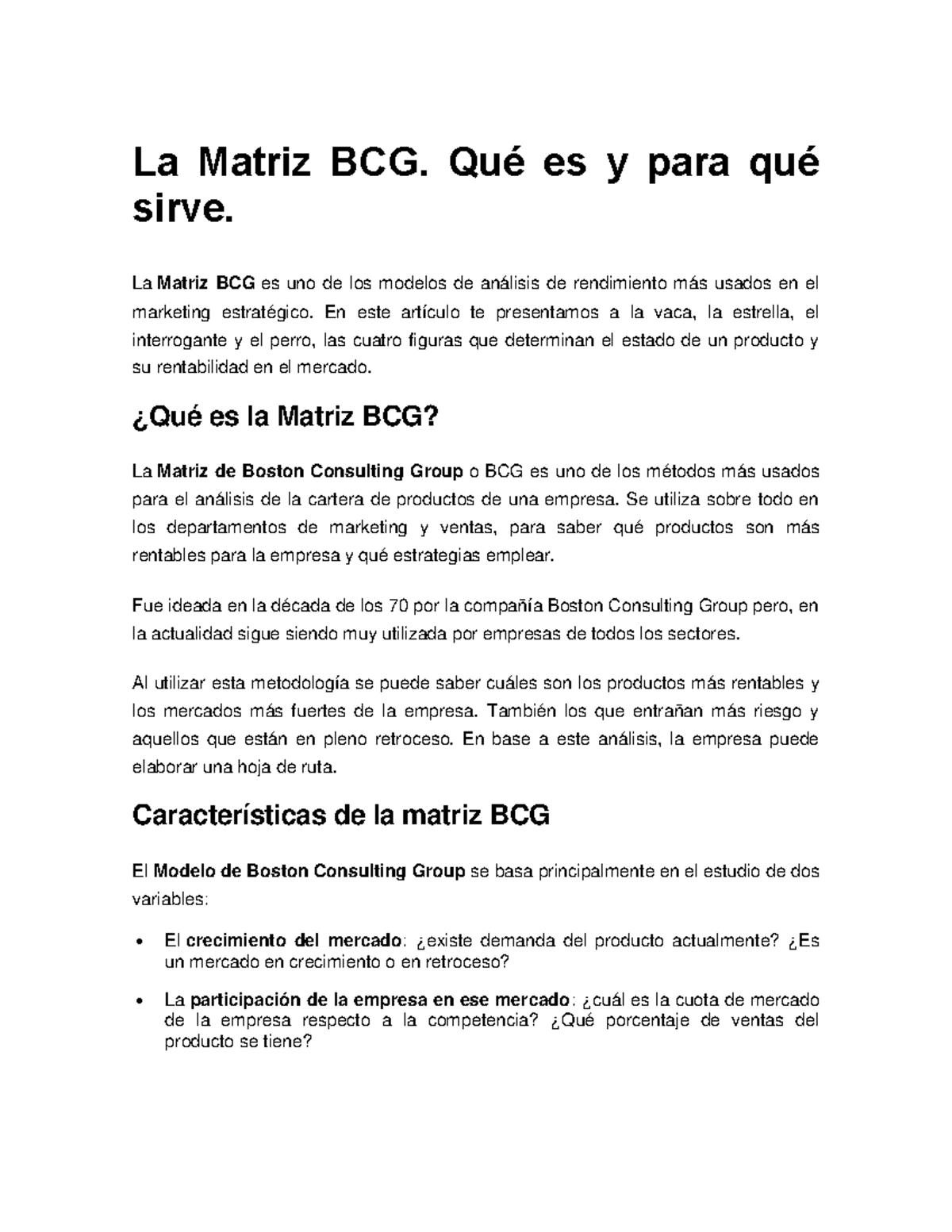 Lectura 3 PARA Unidad 4 BCG - La Matriz BCG. Qué es y para qué sirve. La Matriz BCG es uno de ...
