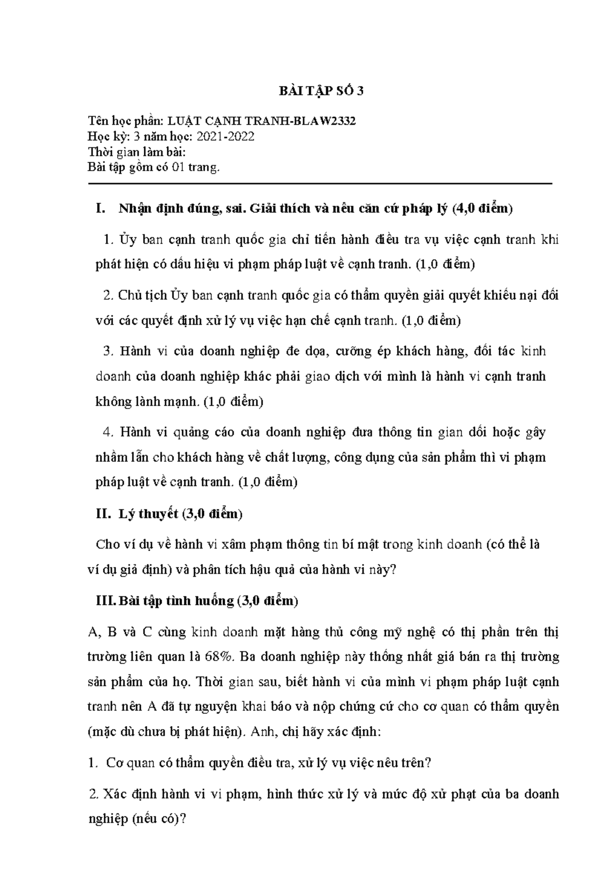 Bai tap KTQT3 - good for newbie - BÀI T¾P SÞ 3 Tên học phần: LU¾T CẠNH ...