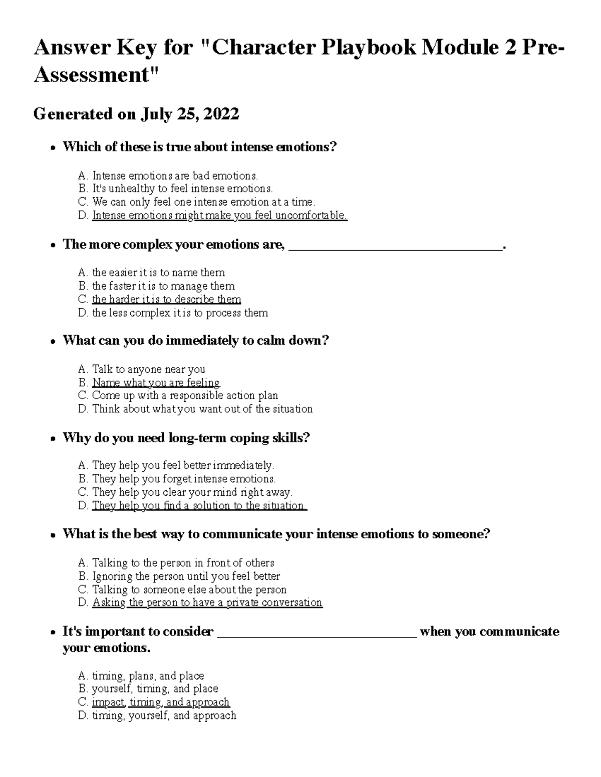Answer Key Character Playbook Module 2 Pre Assessment Answer Key