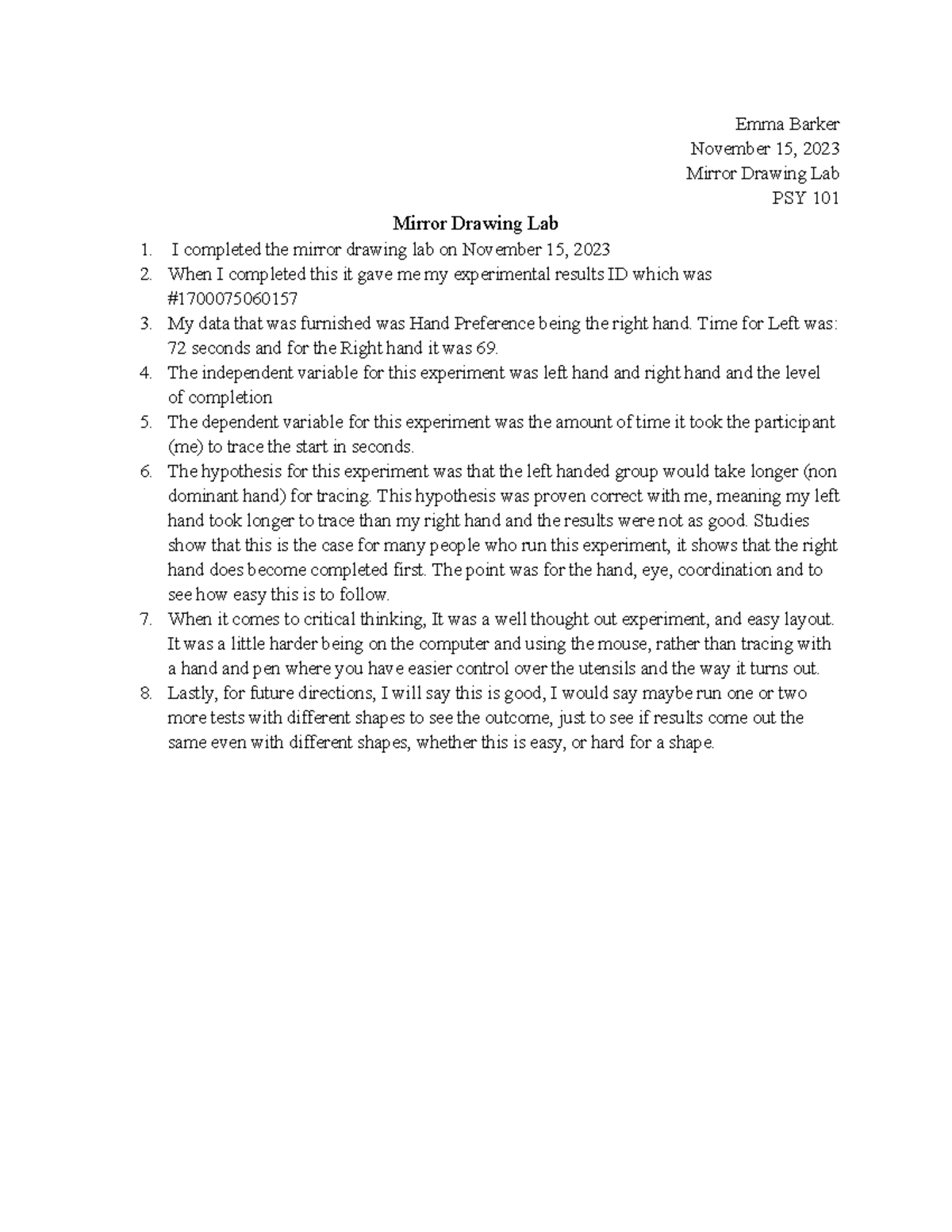 Mirror drawing Lab Report - Emma Barker November 15, 2023 Mirror ...