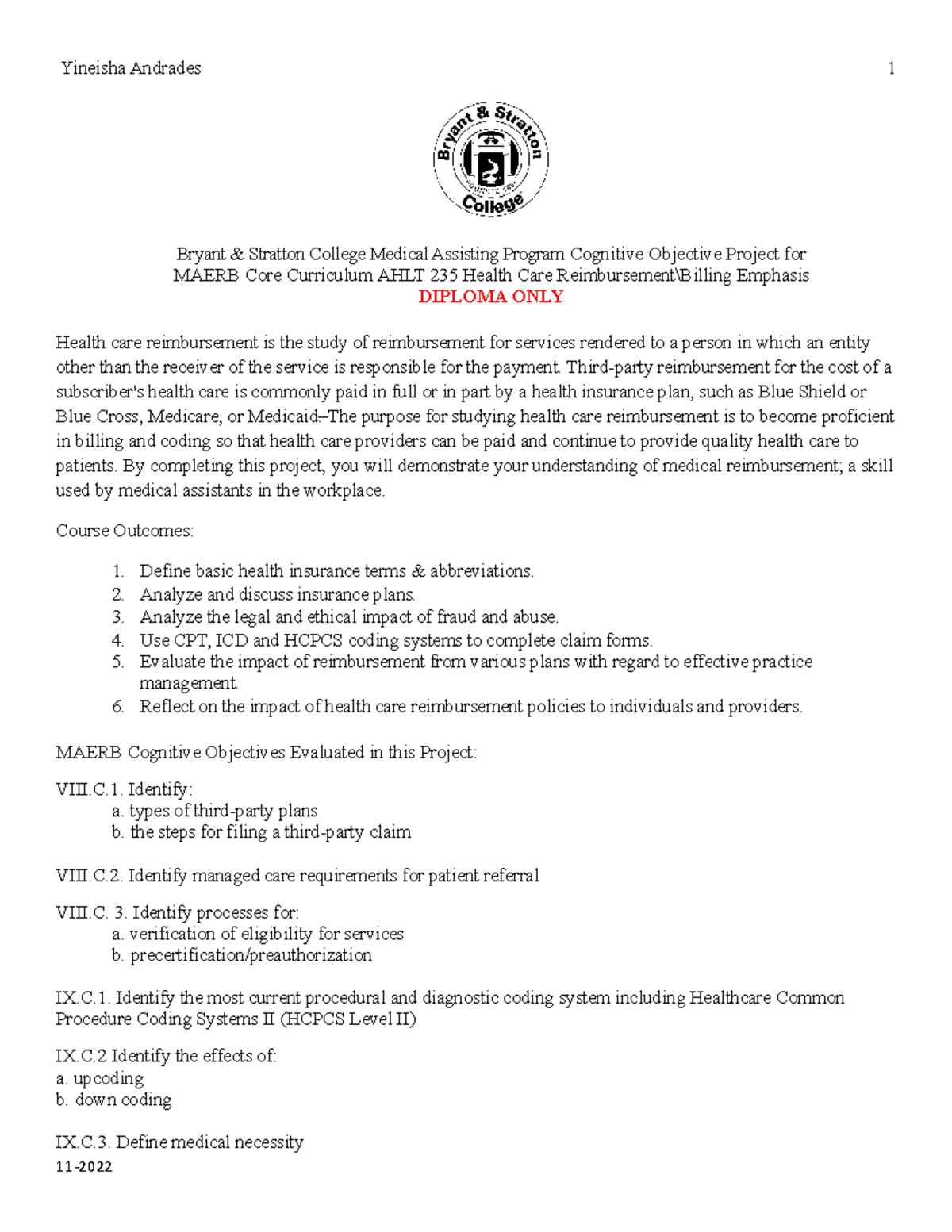 AHLT235 - Cognitive Objective Project - Bryant & Stratton College ...