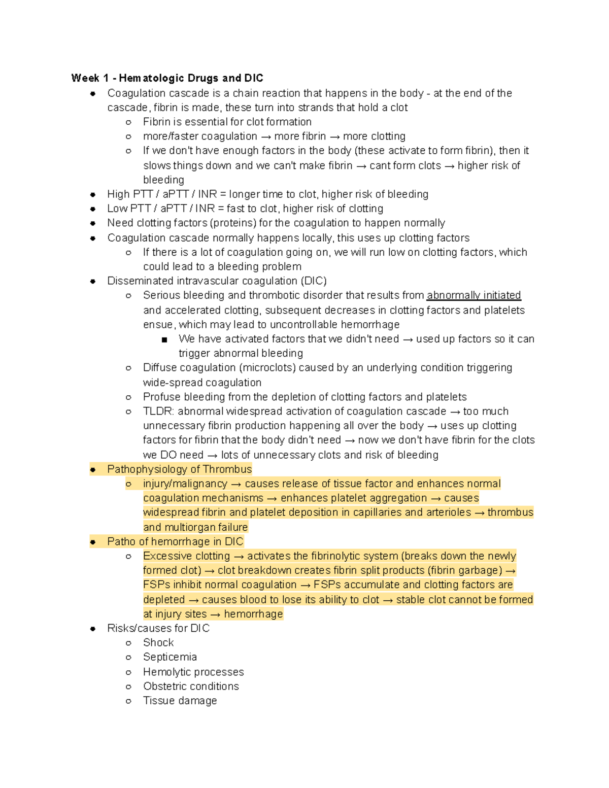 NUR 426 Notes - Week 1 - Hematologic Drugs and DIC Coagulation cascade ...