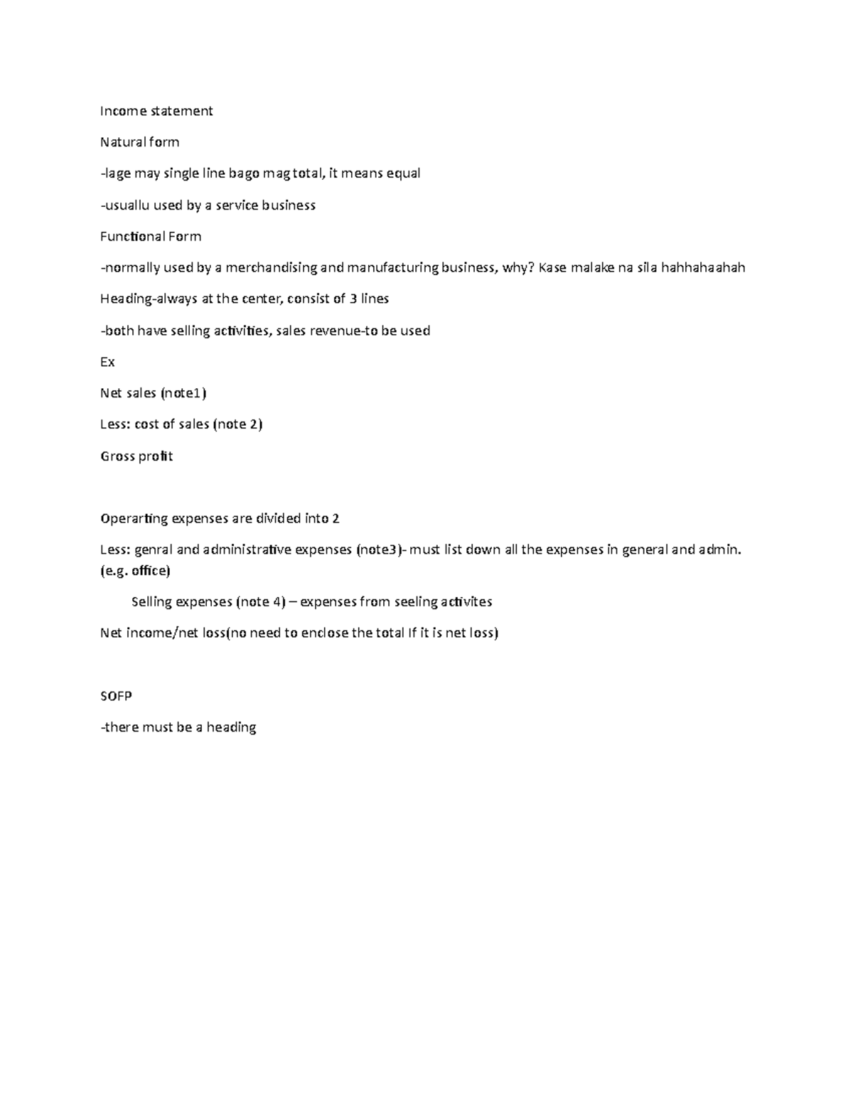 Notes - Income statement Natural form -lage may single line bago mag ...