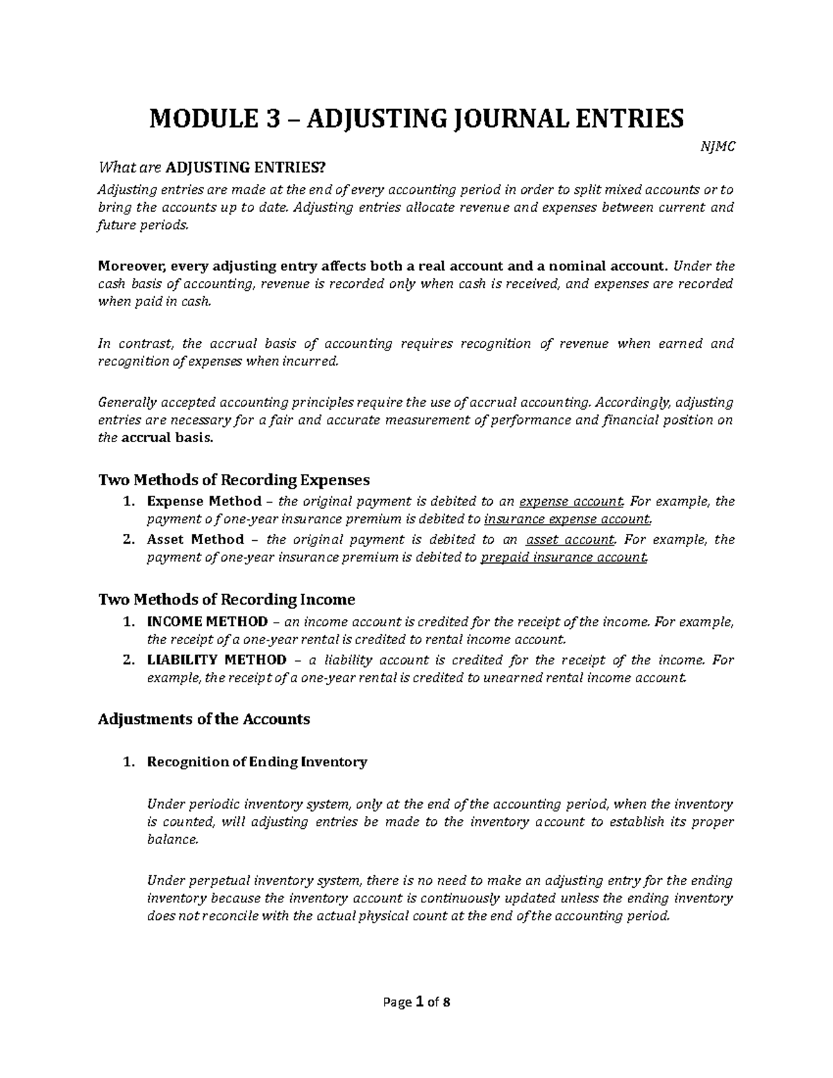 Module 3 - Adjusting Journal Entries - MODULE 3 – ADJUSTING JOURNAL ENTRIES NJMC What are ...