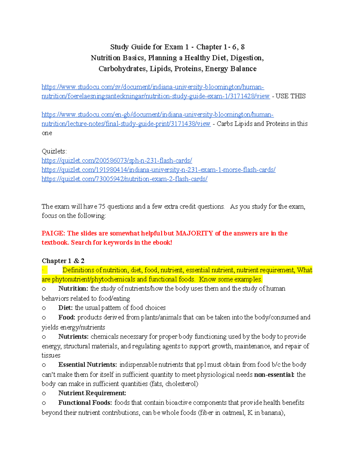 Study Guide Exam 1 Study Guide For Exam 1 Chapter 6 8 Nutrition
