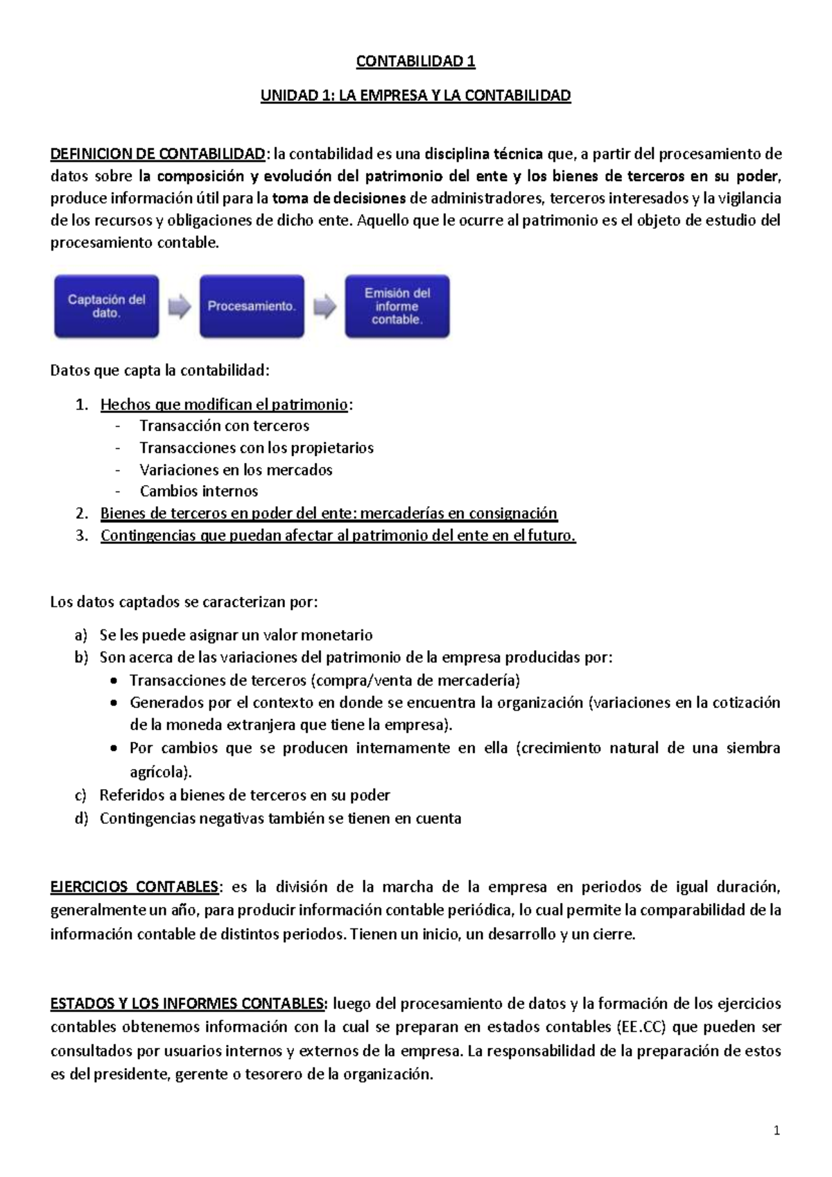 Resumen parcial 1 terminado - CONTABILIDAD 1 UNIDAD 1: LA EMPRESA Y LA CONTABILIDAD DEFINICION ...