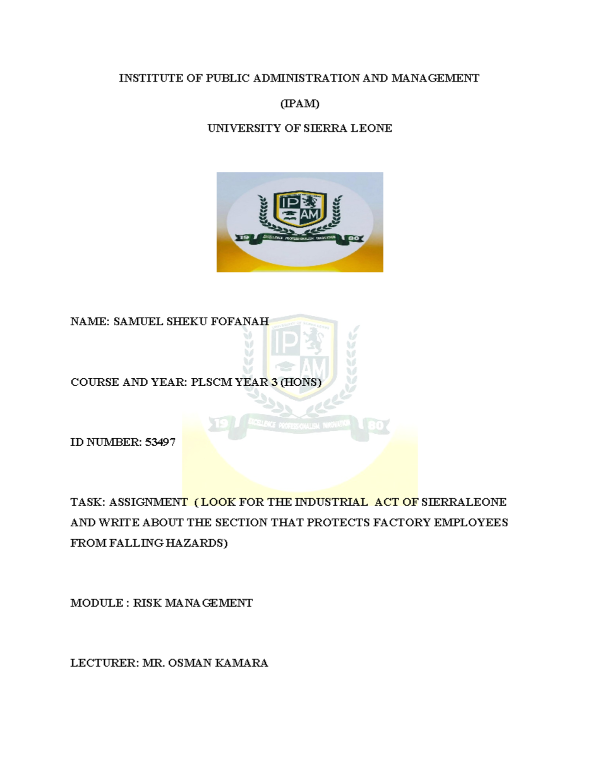 Kixassignment - NICE - INSTITUTE OF PUBLIC ADMINISTRATION AND ...