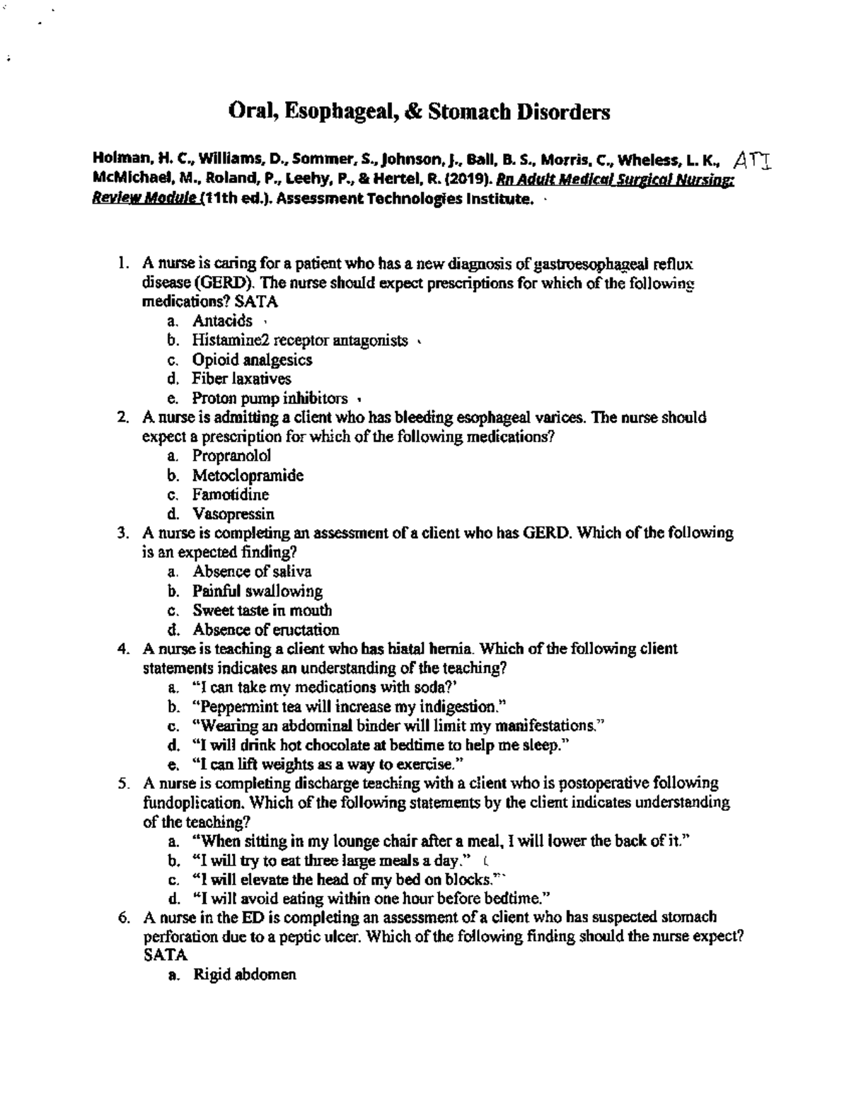 Oral-Esoph-Stomach dis. Practice quest - NU 340 - Studocu