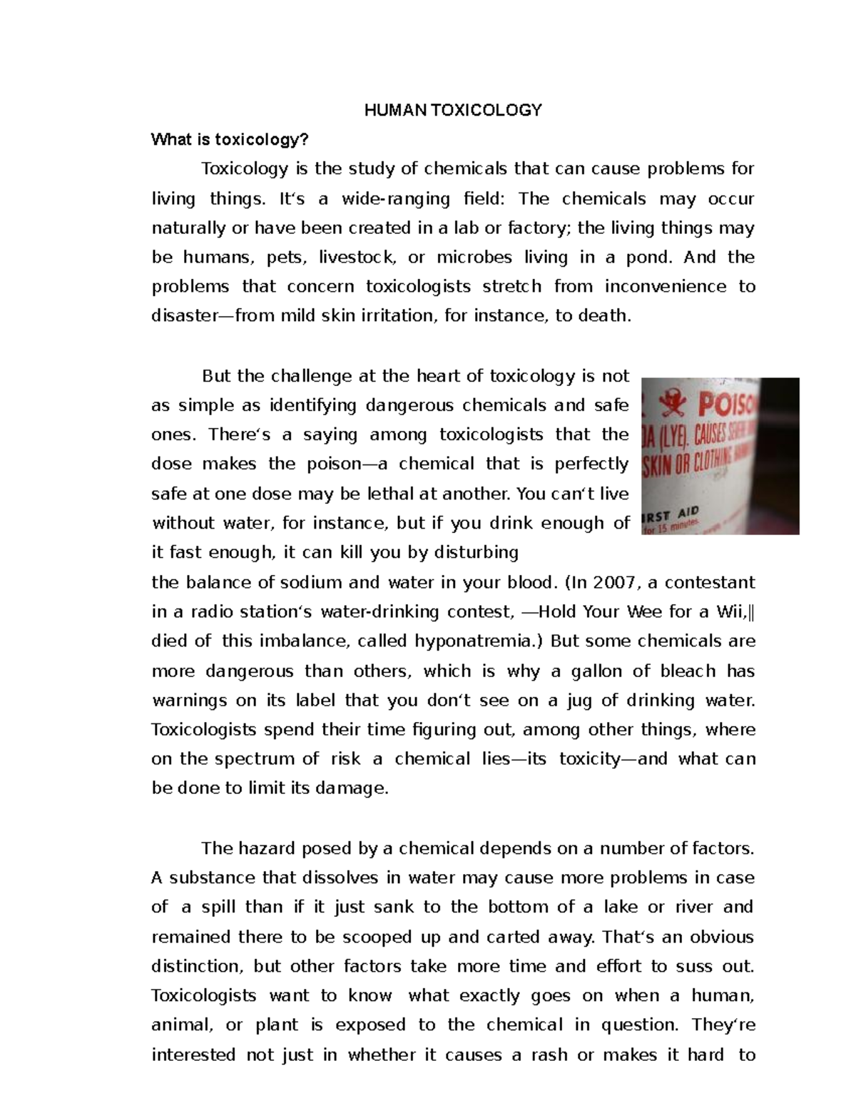 PM 110 Environment Technology 1 - HUMAN TOXICOLOGY What is toxicology ...