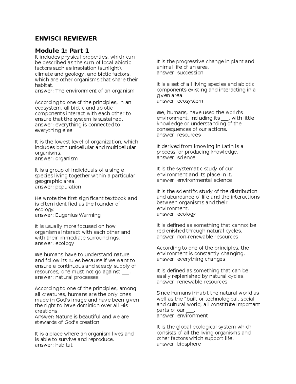 Envisci- Midterm- Reviewer - ENVISCI REVIEWER Module 1: Part 1 It ...