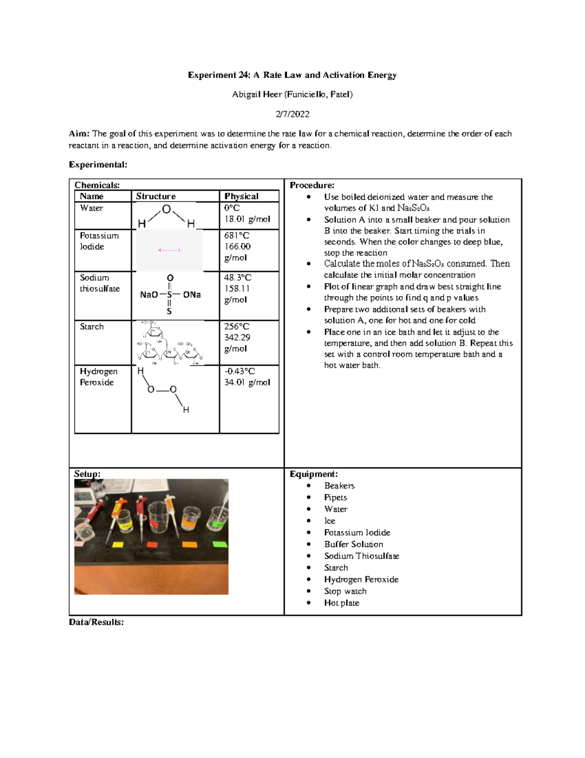 Experiment 24 Lab report - Experiment 24: A Rate Law and Activation ...