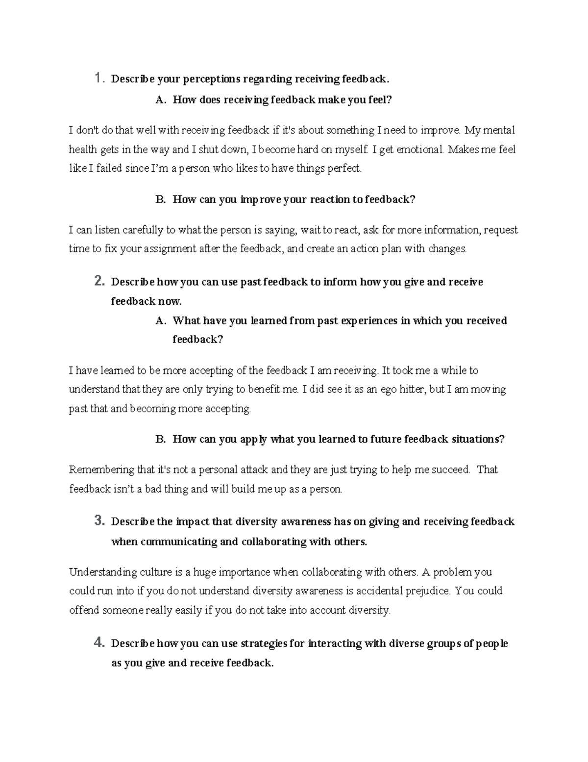 Untitled document - 1. Describe your perceptions regarding receiving ...