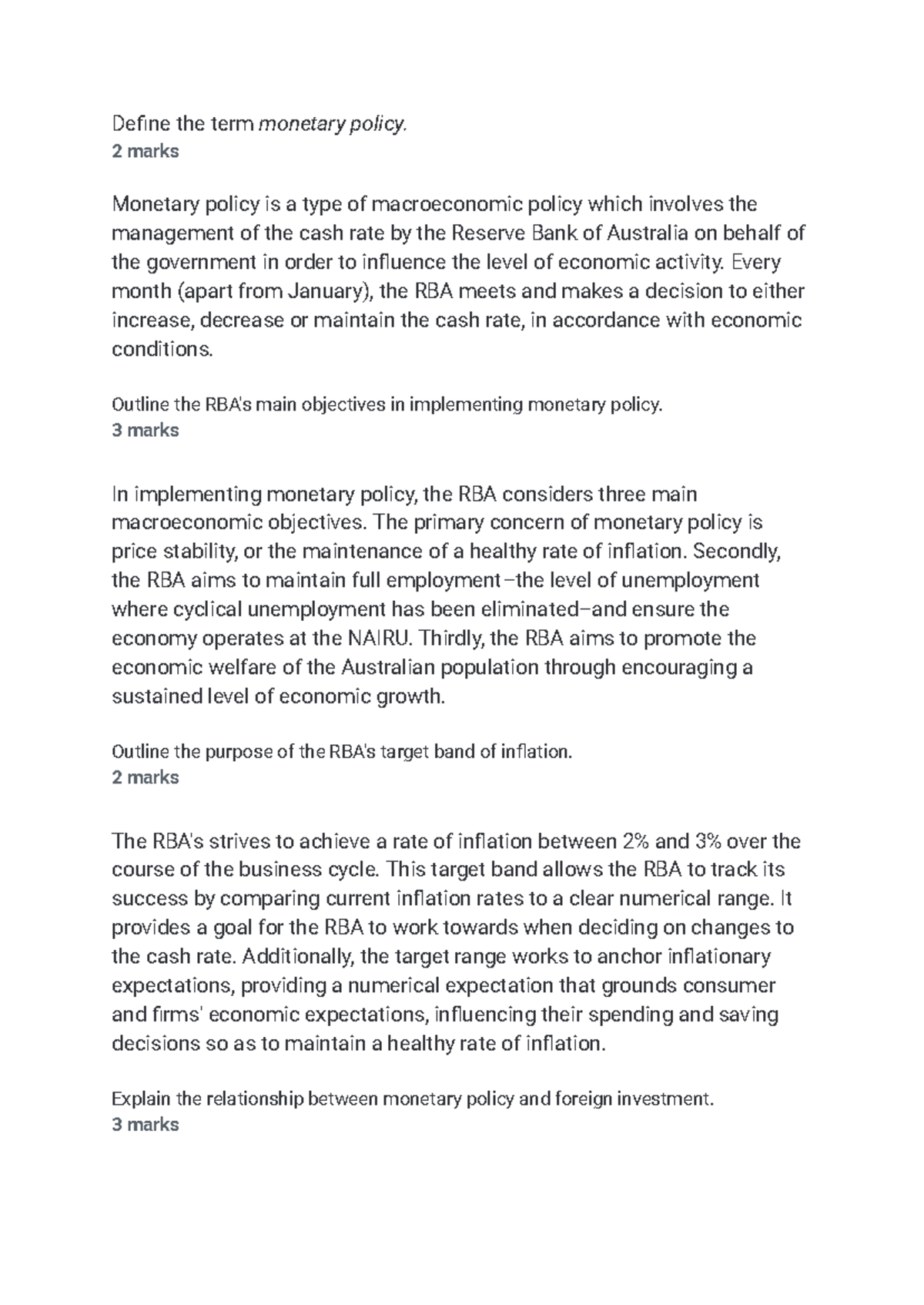 Monetary Policy - Define the term monetary policy. 2 marks Monetary ...