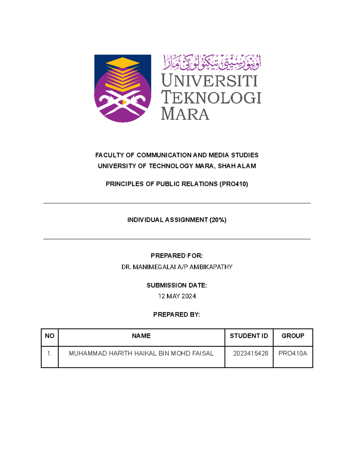 PRO410 Individual Assignment Muhammad Harith Haikal BIN MOHD Faisal ...