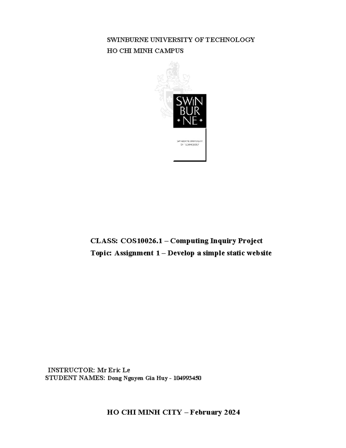 Report-10026 - Practice report - SWINBURNE UNIVERSITY OF TECHNOLOGY HO CHI MINH CAMPUS CLASS ...