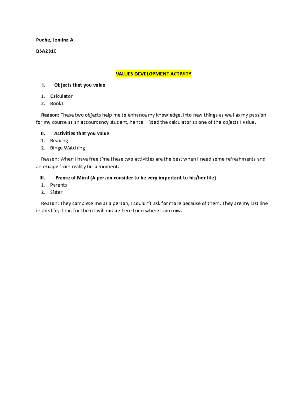 Valuesdevact - NSTP ACTIVITY - Poche, Jemina A. BSA231C VALUES ...