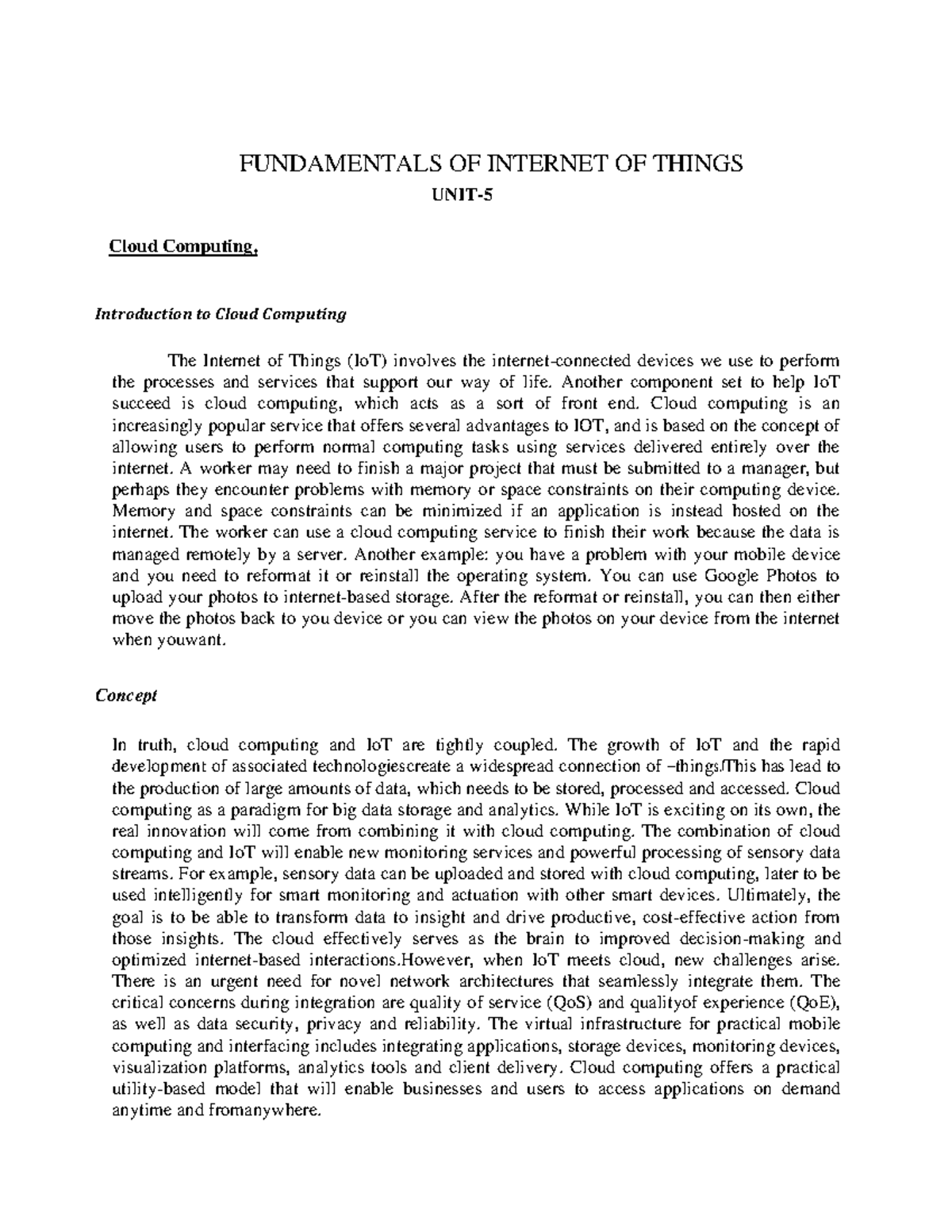 FIOT Unit-5 - Helpful for examinations. - FUNDAMENTALS OF INTERNET OF THINGS UNIT- 5 Cloud - Studocu