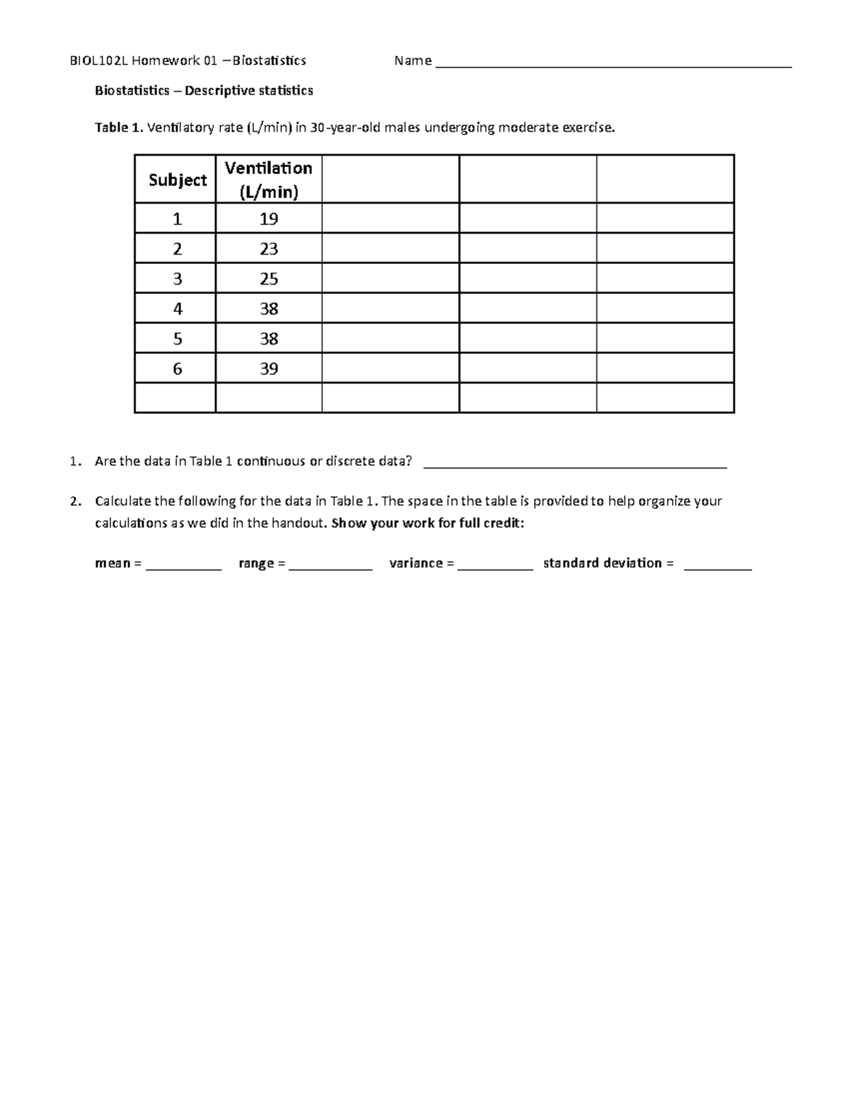 BIOL 102 L Sp23 Assignment 01-Biostatistics - Biostatistics ...