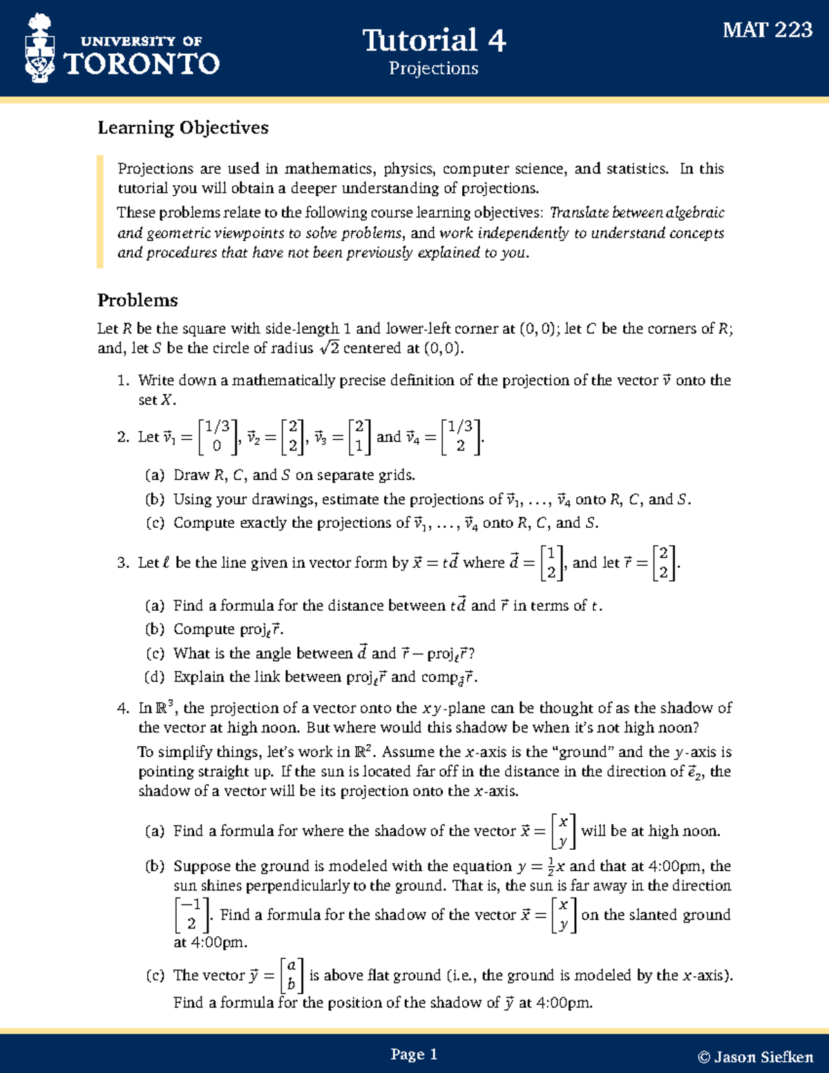 Tutorial-04-student - Tutorial for mat - Tutorial 4 Projections MAT 223 ...