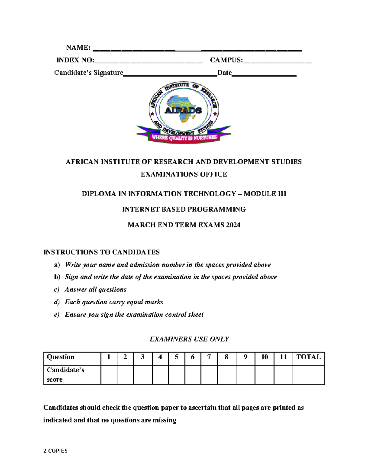 Internet Based Programming - 2 COPIES NAME ...