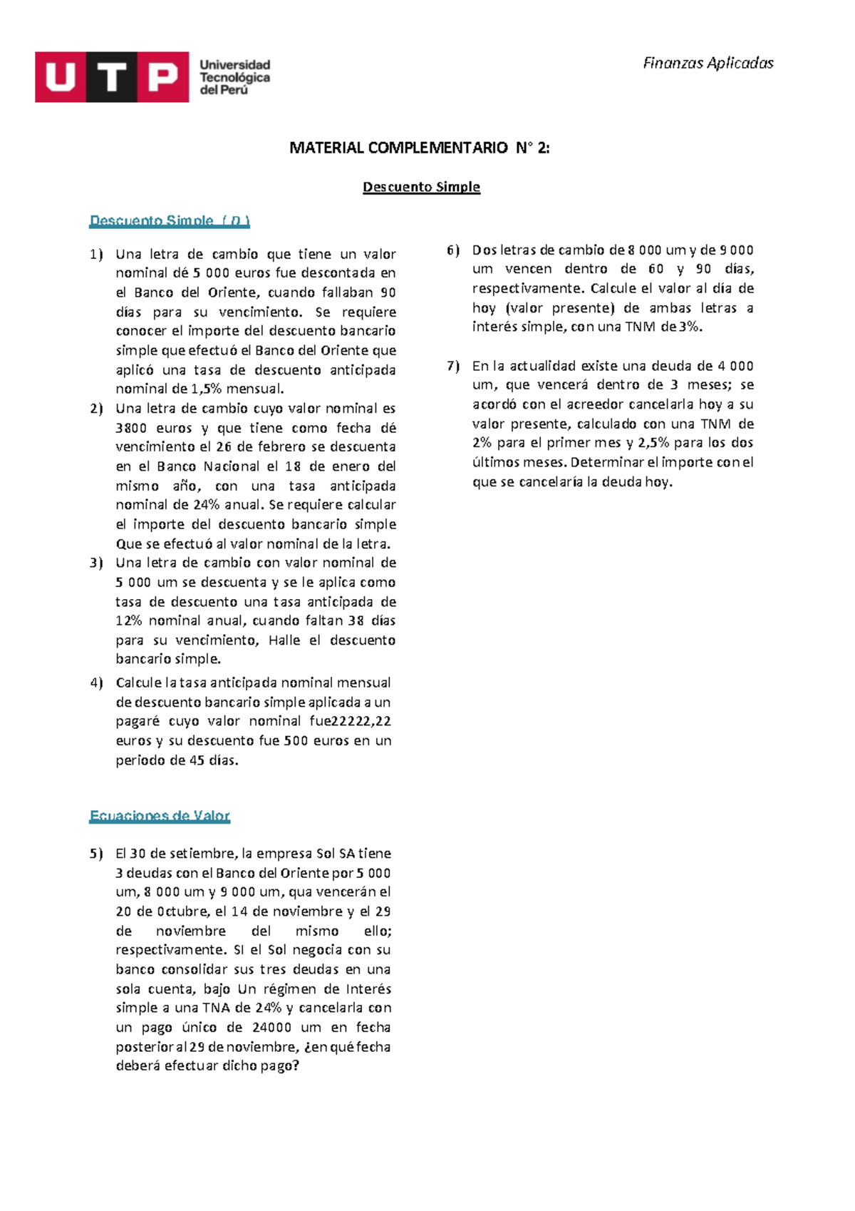 Material complementario - Semana 03 - Finanzas Aplicadas MATERIAL COMPLEMENTARIO N∞ 2: Descuento ...