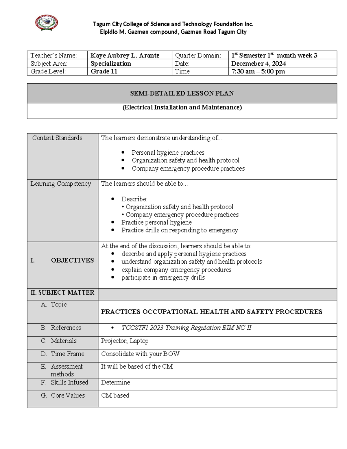 Final lesson plan-arante - Tagum City College of Science and Technology ...