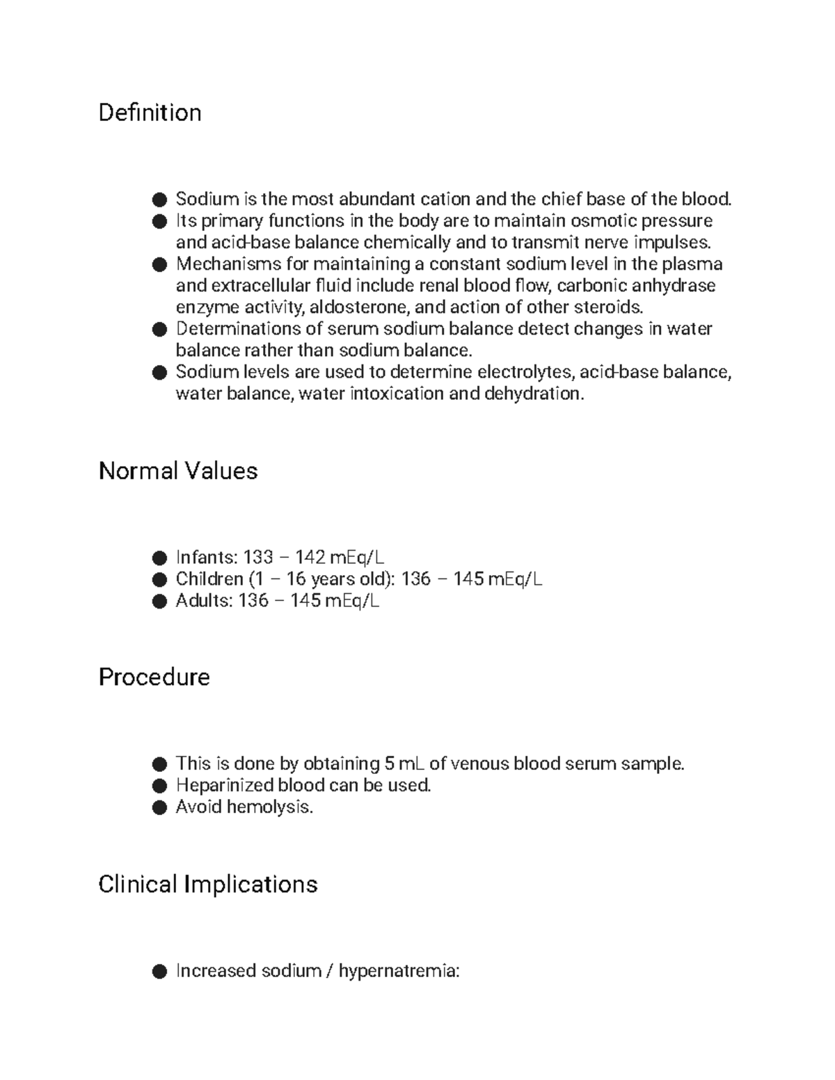 Serum Sodium - Medical-Surgical Nursing II Instructor lecture notes ...