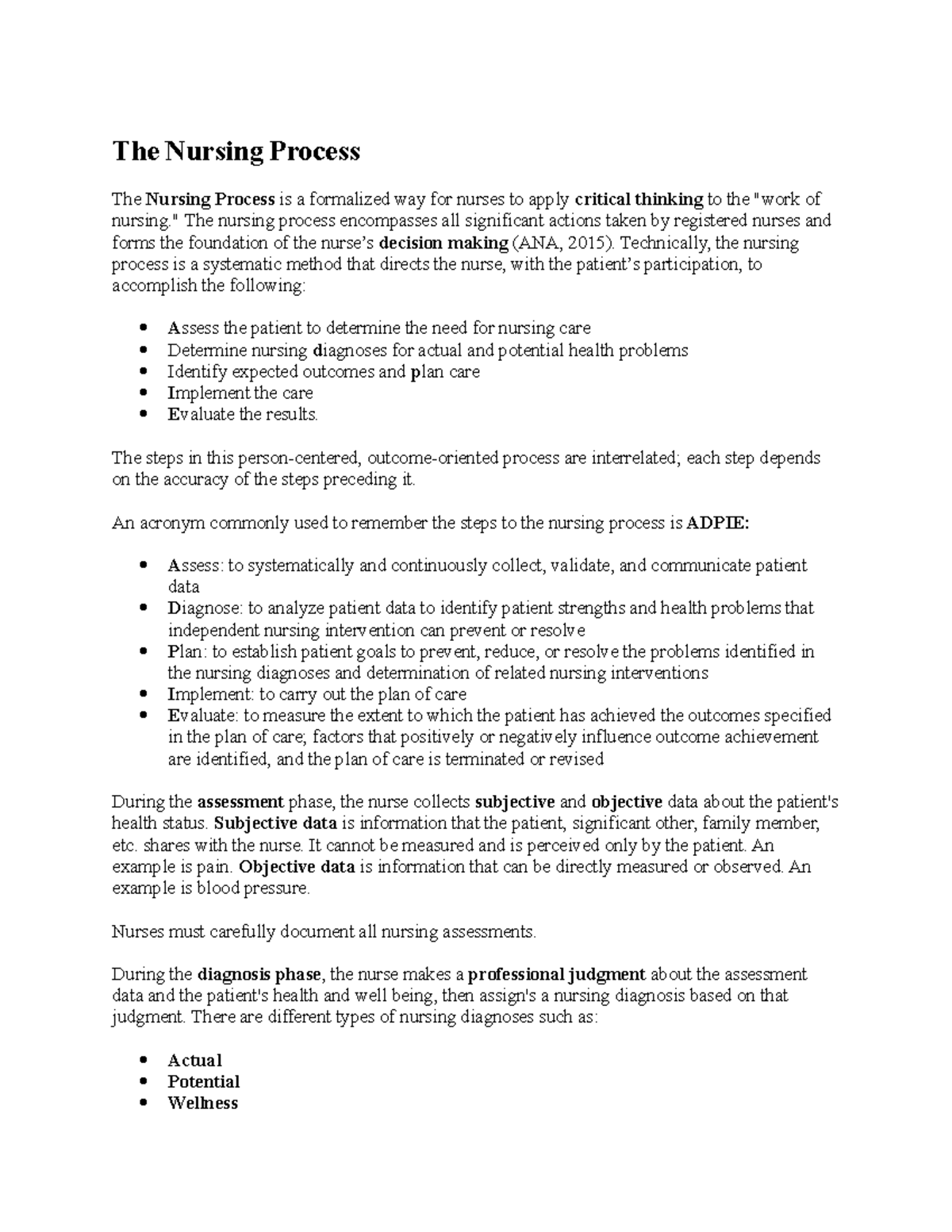 The Nursing Process - " The nursing process encompasses all significant ...