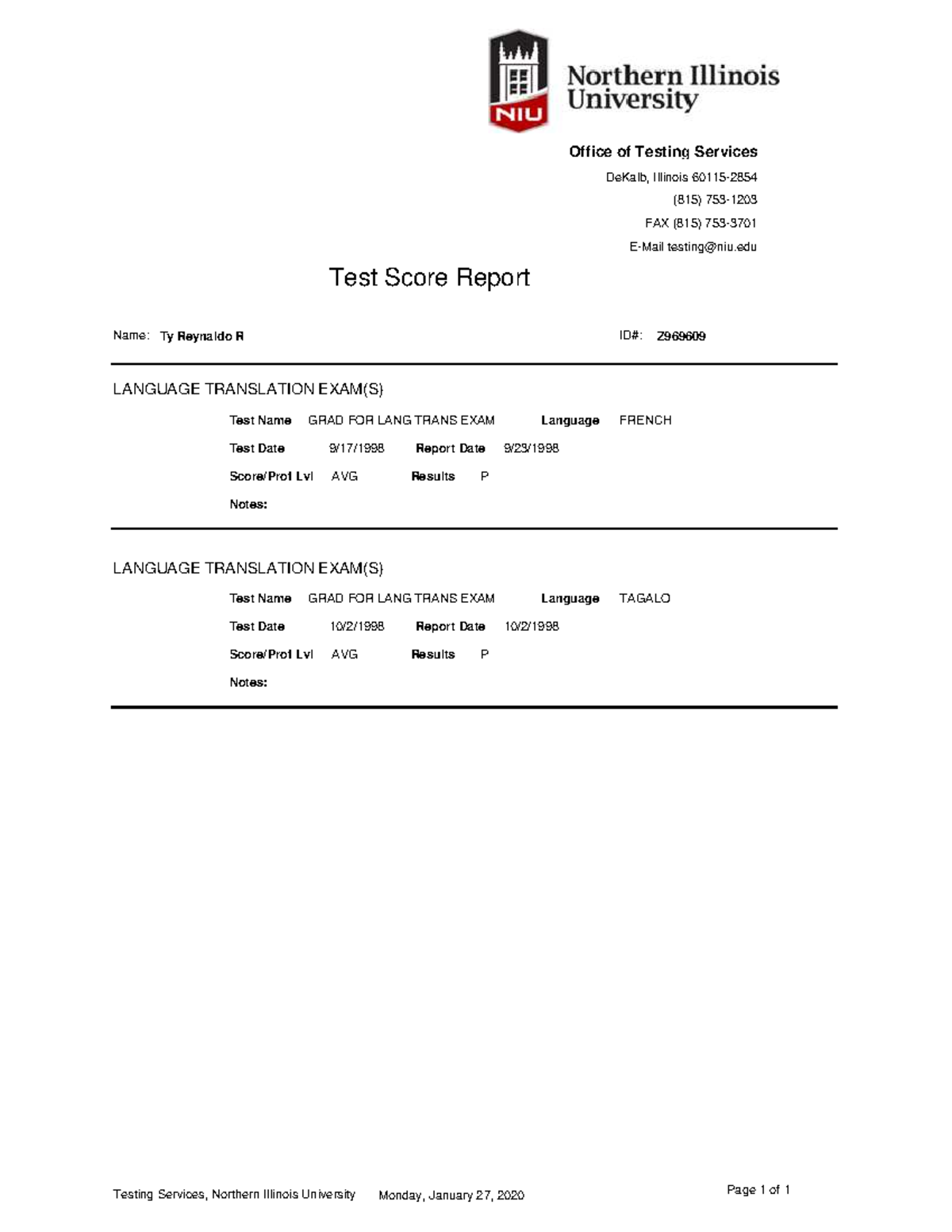 Office of Testing Services Test Date Lan - Test Score Report Name: Ty ...